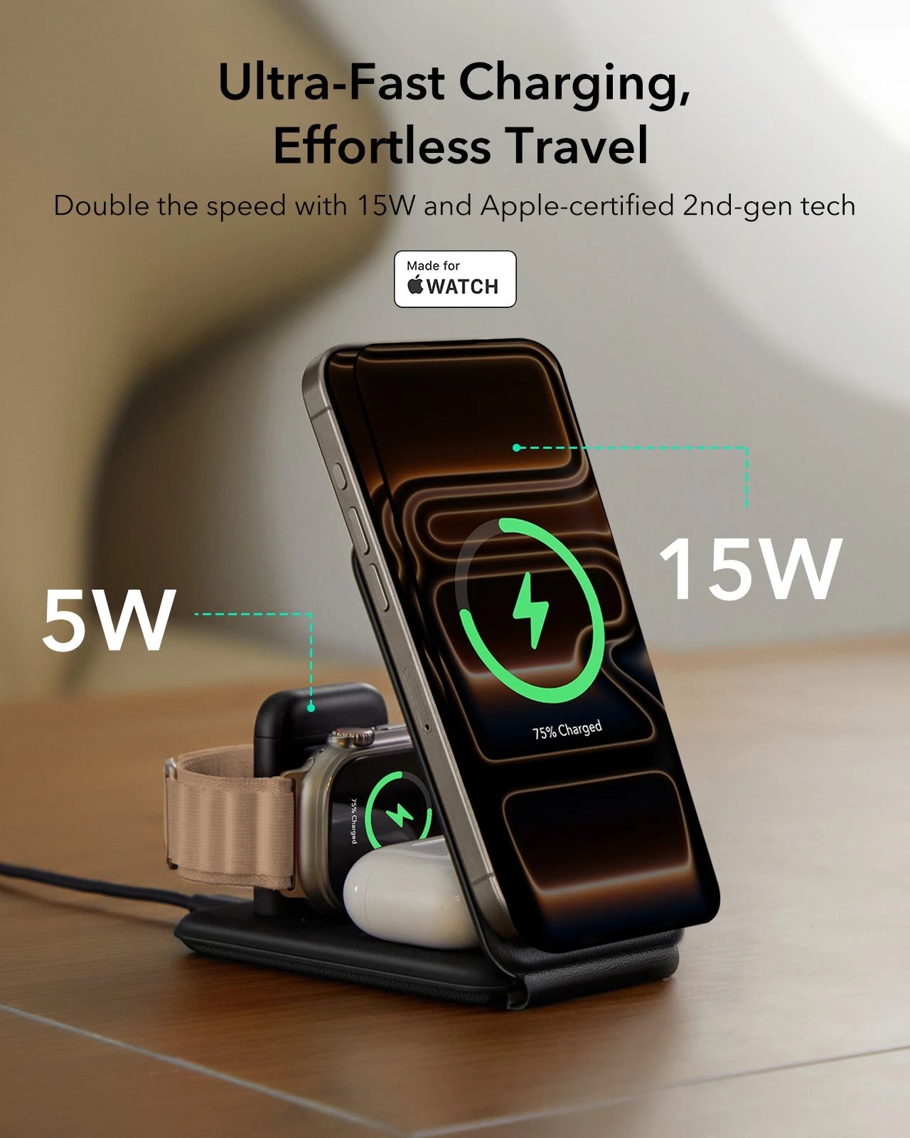 Black Qi2 3-in-1 Travel Wireless Charging Set with pouch-ESR