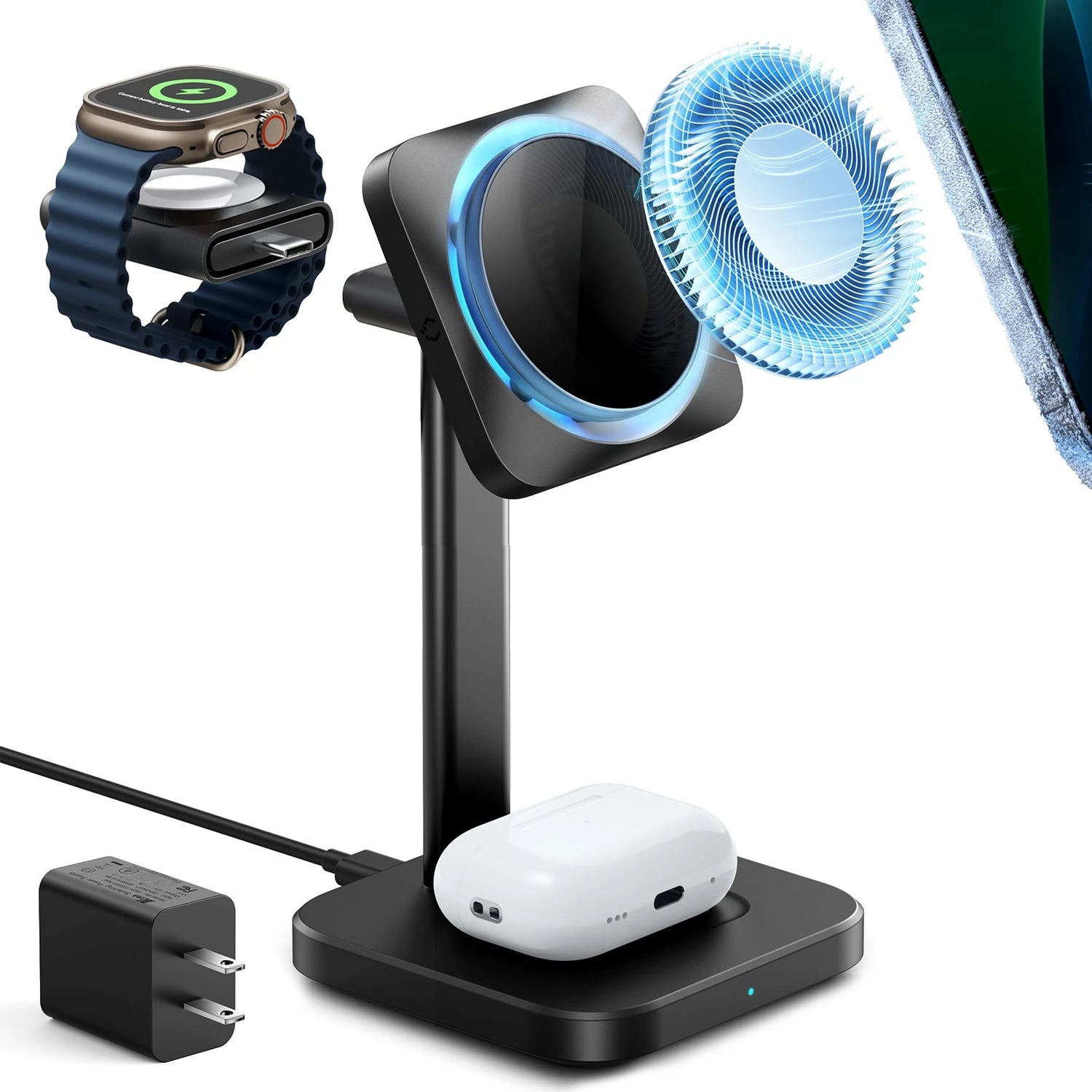 Black Qi2 15W 3-in-1 MagSafe Charger Station with Cooling CryoBoost - ESR