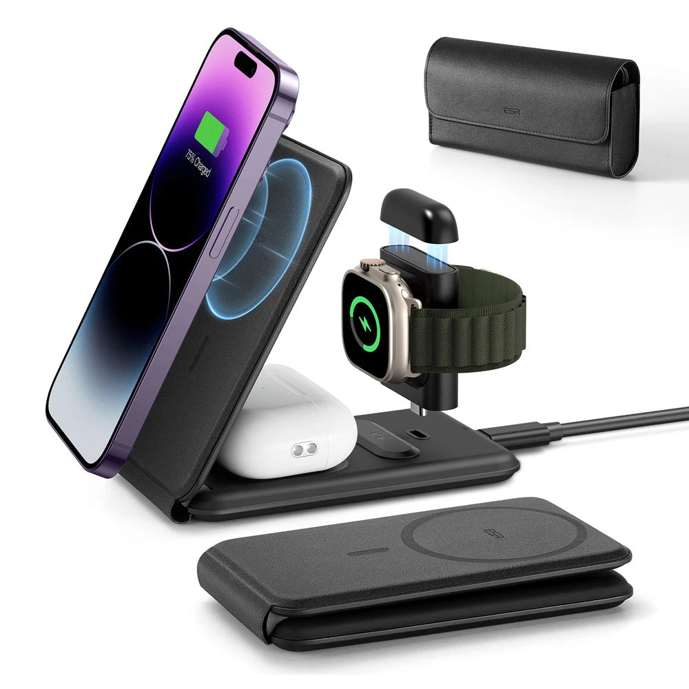 Black 3-in-1 Travel MagSafe Wireless Charging Set | ESR