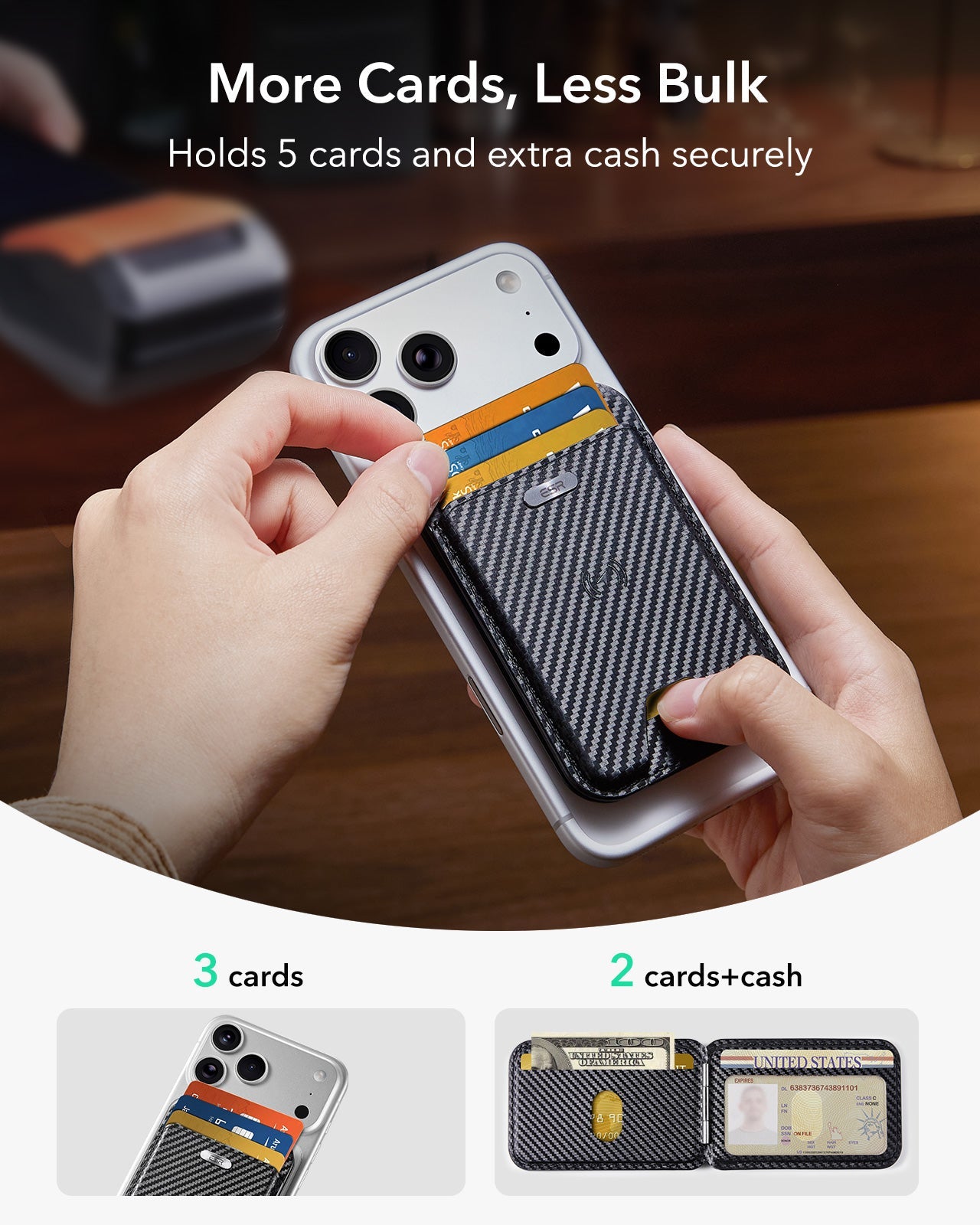Black Carbon Fiber Trackable MagSafe Phone Wallet with Stand | ESR Geo
