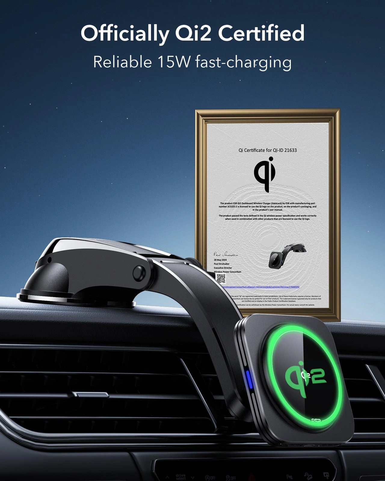 Qi2 Dashboard Wireless Car Charger with Low-Profile Mounting Arm - ESR