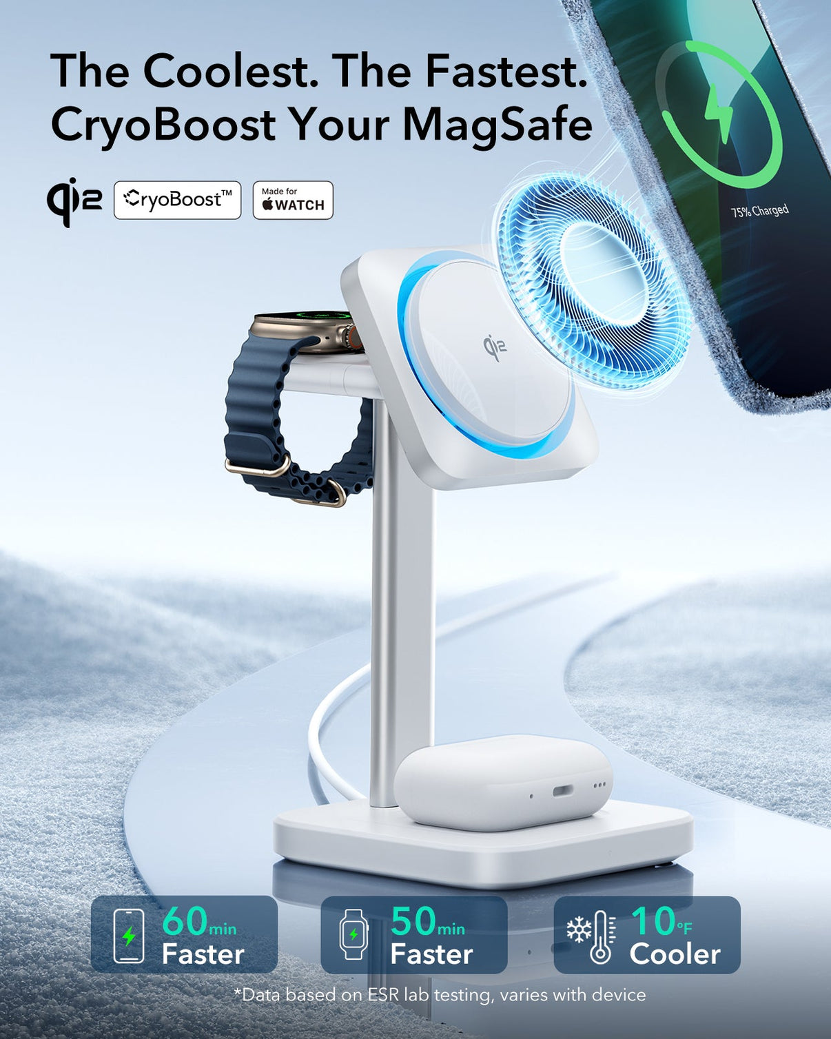 Qi2 3-in-1 MagSafe Charger Station with CryoBoost (HaloLock) - ESR