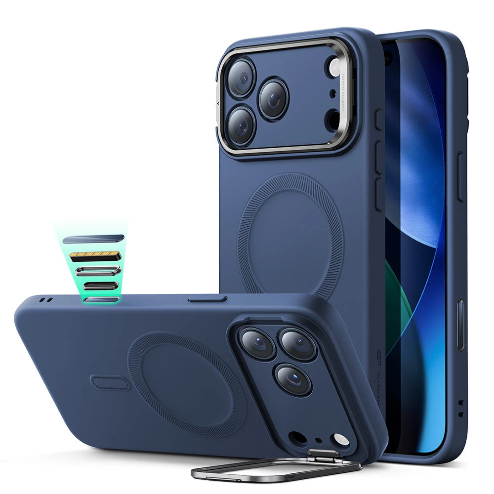 Blaue Silikon iPhone 17 Pro Max Hülle mit MagSafe & klappbarem Ständer ...