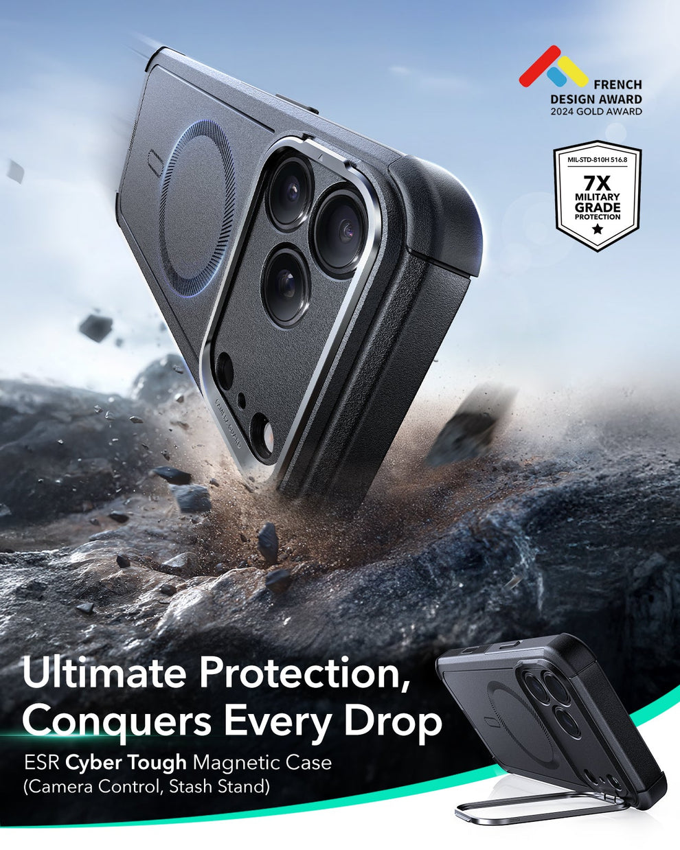 Black MagSafe iPhone 17 Pro Max Phone Case with Camera Stand | ESR Cyber