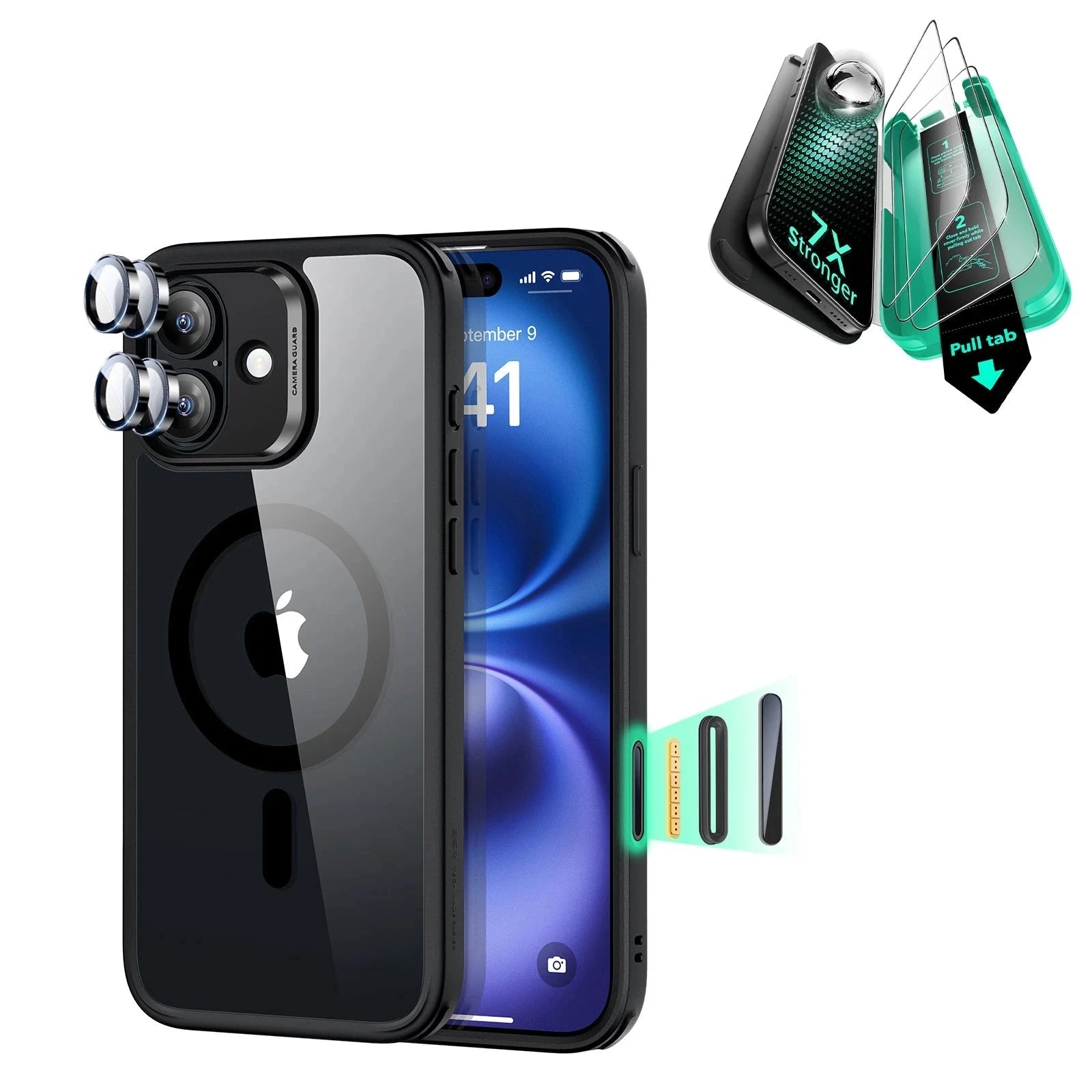 Hybrid Clear Black iPhone 16 Case & Tempered Glass Protection Bundle | ESR