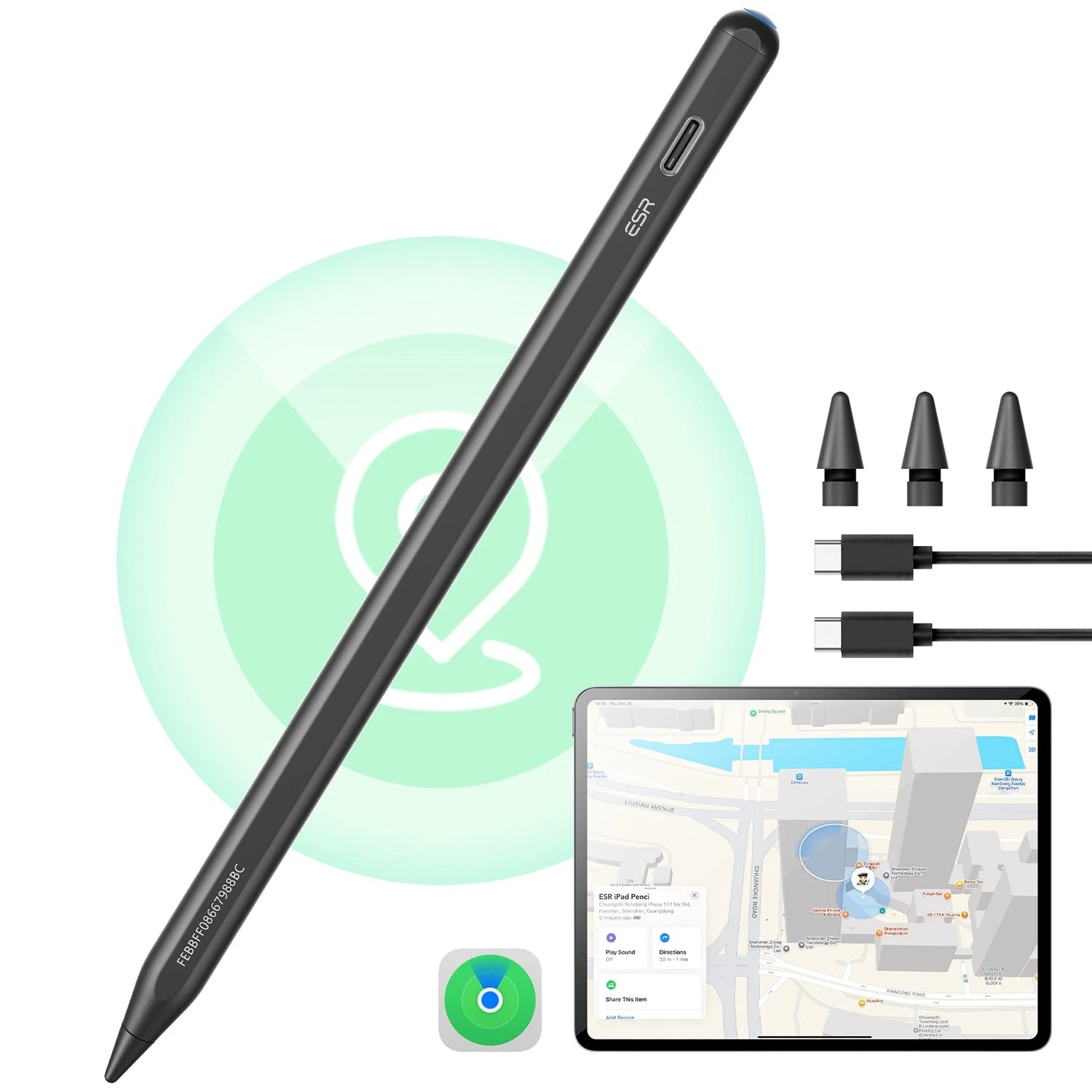 Black iPad Pencil with Find My - ESR Geo | Never Lose Your Stylus Again